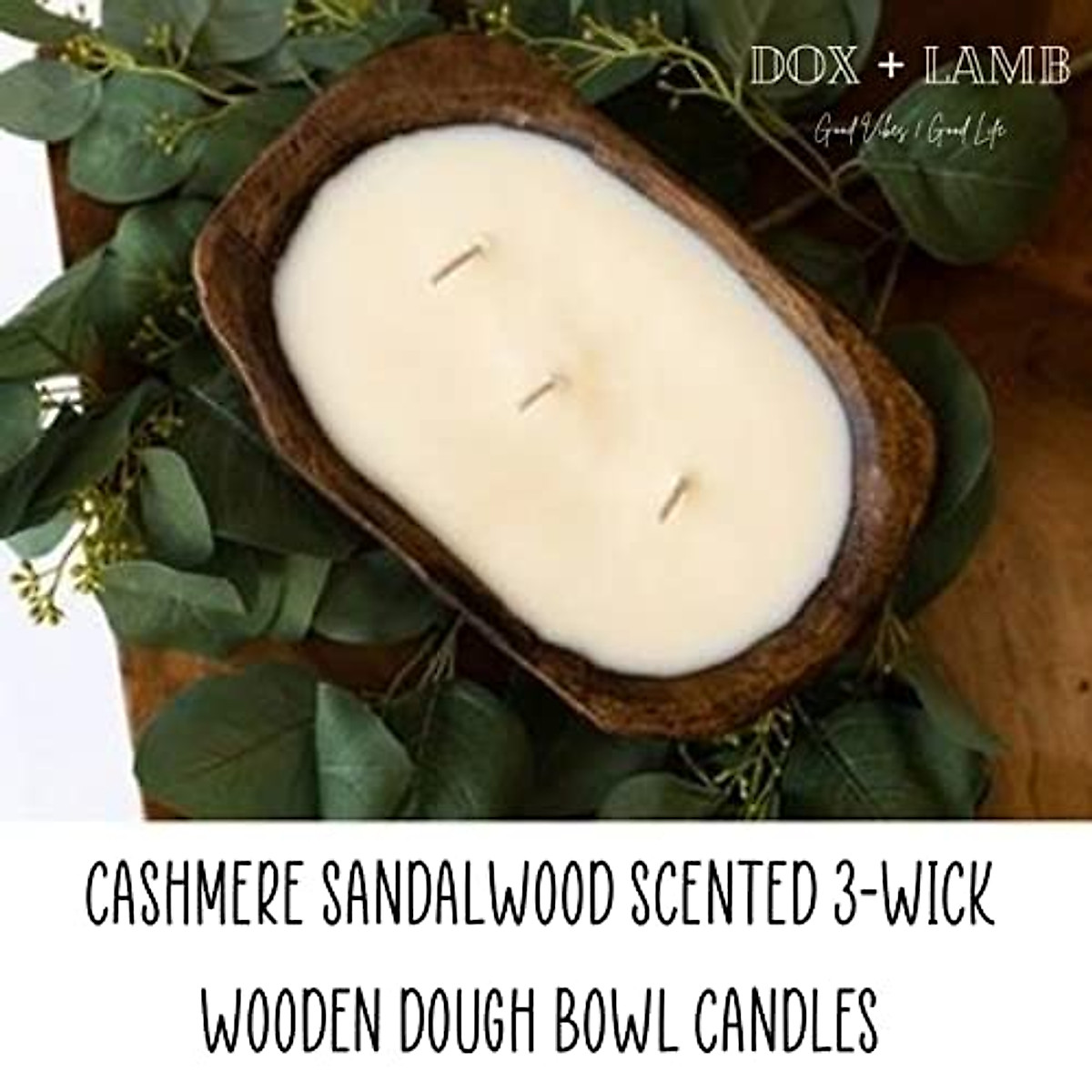 Dox + Lamb Cashmere Sandalwood Rustic Wooden Bowl Candle | Handmade Wood Bread Bowl Candle 3-Wick Soy Wax | Distressed Dough Bowl Candle | Modern Farmhouse Decor Table Centerpiece