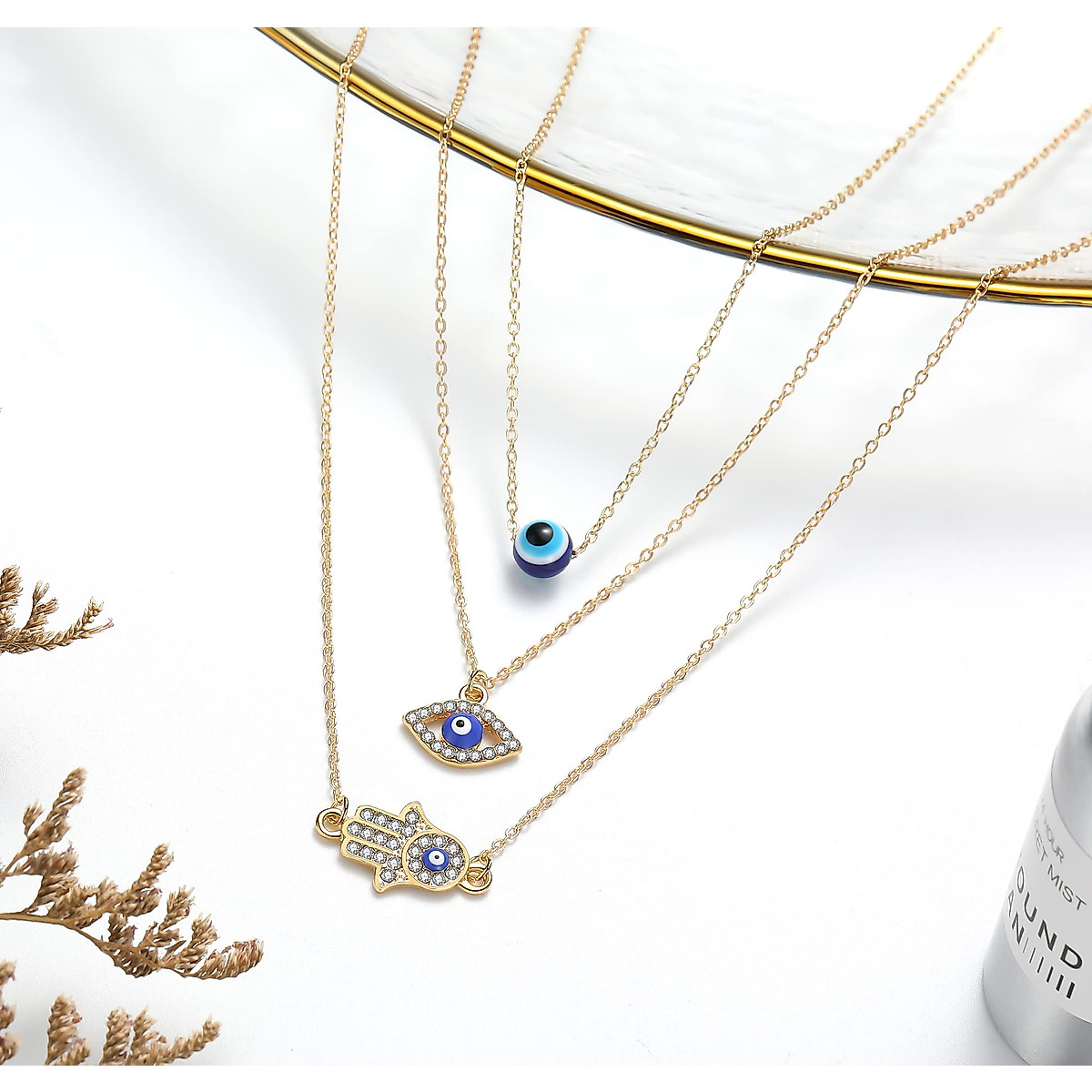 Baydurcan Gold Dainty Evil Eye Necklace and Hamsa Necklace Turkish Blue Eye Hand Pendant Necklace 3pcs Lucky Protection Jewelry Gift for Women Teenagers