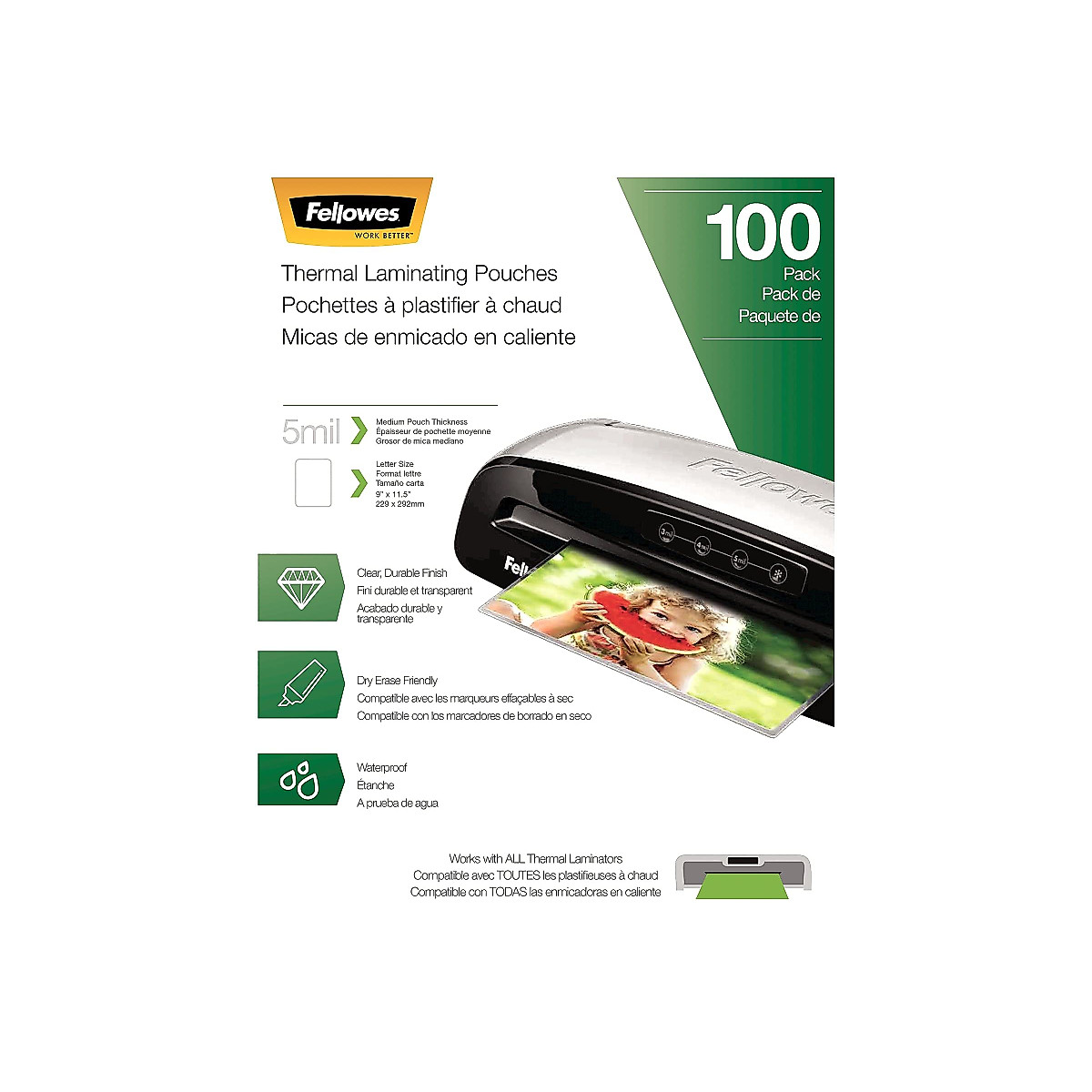 Fellowes Thermal Laminating Pouches, 5mil Letter Size Sheets, 9 x 11.5, 100 Pack, Clear (5743501) 