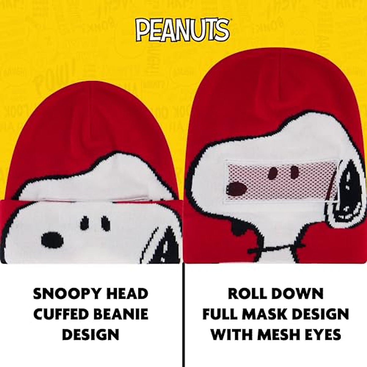 Peanuts Snoopy Beanie Hat, Knit Roll Down Cuffed Winter Cap, Red, One Size