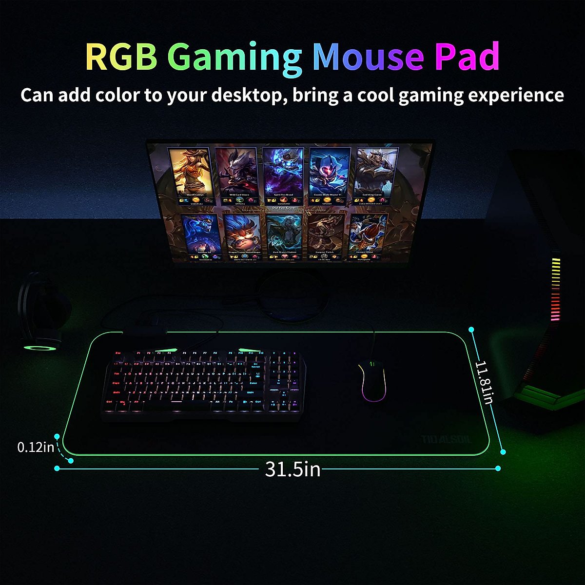 RGB Large Gaming Mouse Pad with 4Port USB Hub and 13Lighting Modes, Computer Keyboard Mouse Pad, Oversize Anti-Slip Rubber Base Mouse Mat for Computer PC Games (31.5 x 11.81 in Black,0.15in Thick)