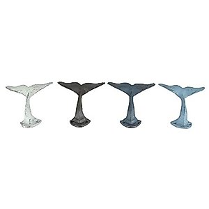 Zeckos Set of 4 Colorful Cast Iron Whale Tail Wall Hooks Decorative Coastal Metal Hangers