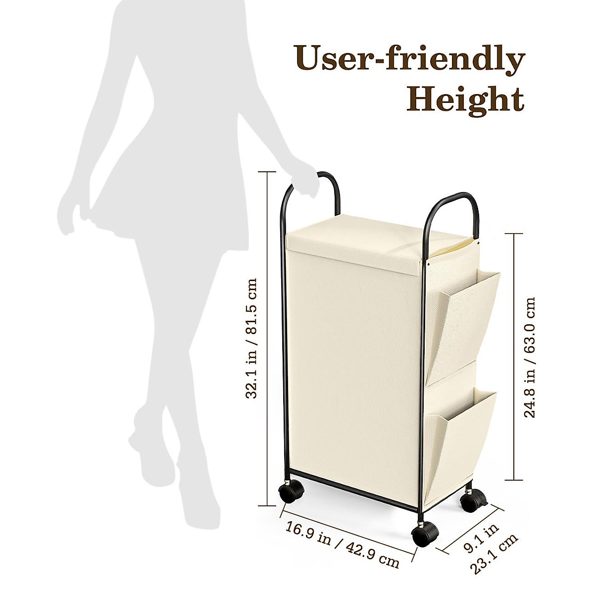 Luxspire 75L Slim Laundry Hamper with Wheels, Rolling Laundry Basket with Lid, Removable Clothes Hamper with Metal Frame, Narrow Laundry Hamper for Dorm, Bedroom, Nursery, Closet, Small, Beige