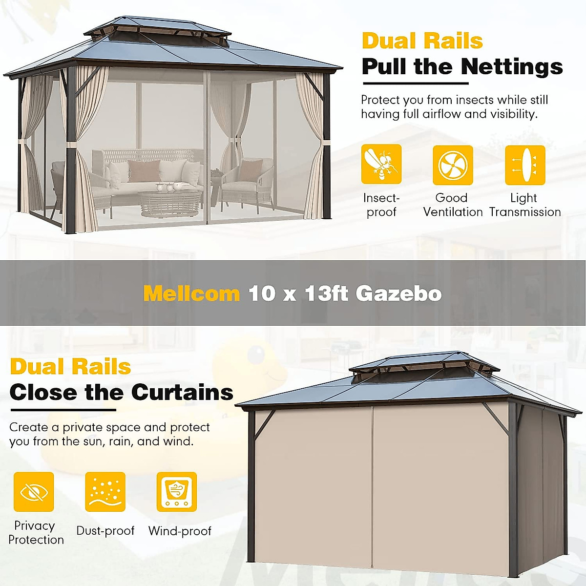 MELLCOM 10x13ft Hardtop Gazebo, Permanent Outdoor Patio Gazebo with Double Polycarbonate Roof and Aluminum Frame, Canopy Gazebo for Backyard, Deck, Patio and Party, Curtains and Netting Included