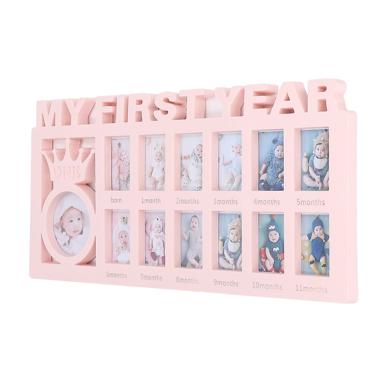 CHICIRIS Newborn Baby First Year Picture Frame with 12 Month Slots, Baby Monthly Collage Keepsake Frame for Photo Memories, White(pink)