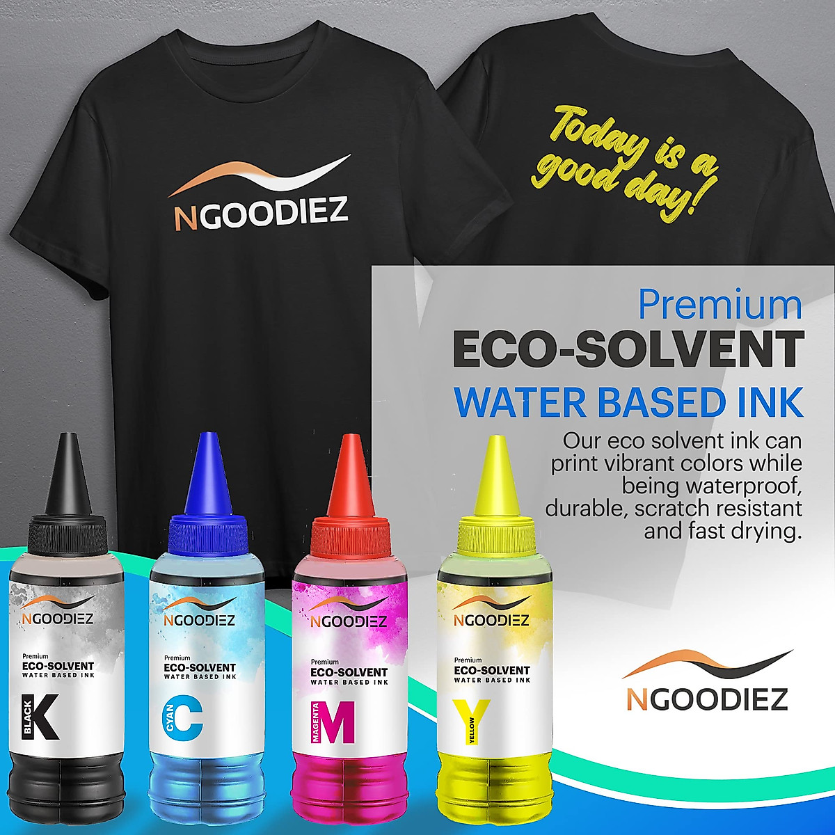 NGOODIEZ Eco Solvent Ink - Water Based Printer Ink, Fast Drying Refill Ink Bottle for Epson EcoTank, & WF Series Printers - Ideal for HTV, Vinyl Stickers, Decals, T-Shirts, Mugs (1B/1C/1Y/1M, 400ml)