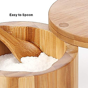 KITCHENDAO Bamboo Salt Cellar Bowl Box Container with Built-in Spoon to avoid Dust, Elegant Kitchen Salt Dish Holder Saver Jar with Swivel Magnetic Lid to Storage Pepper Spice Bath Salt Sea Salt, 6OZ