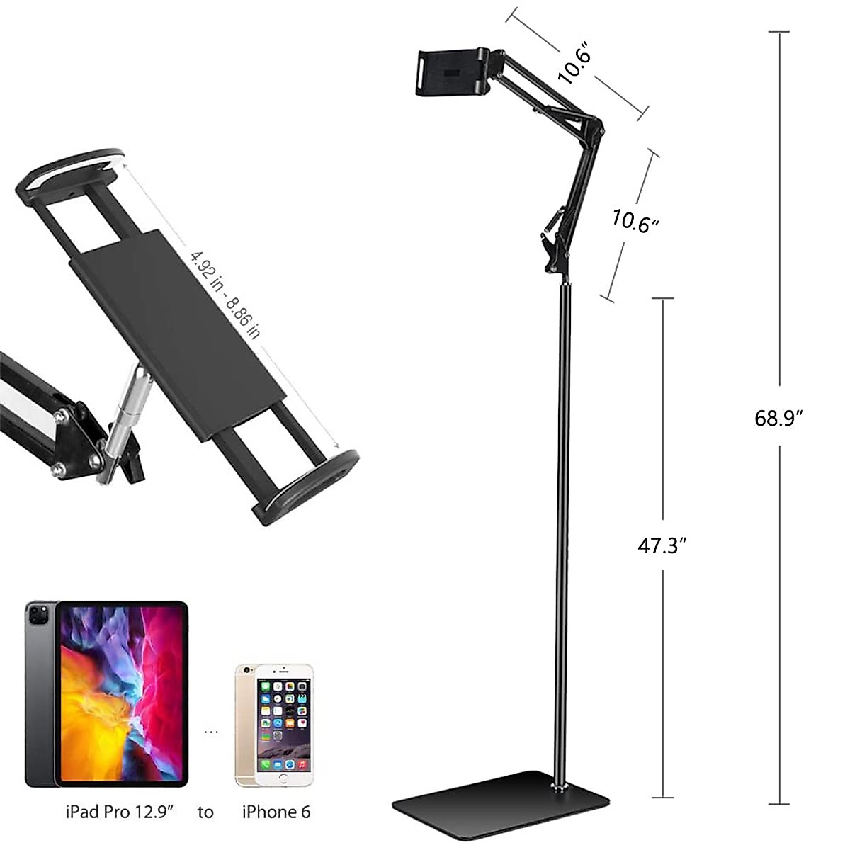 SENLNES Tablet Floor Stand Holder, Adjustable Universal 360-degree Rotatable Metal Tablet Holder, Suitable for iPad Air Mini Pro 12.9/9.7,iPhones, Cell Phones (4.7"-12.9")