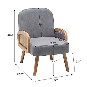 KVK Mid Century Modern Accent Chair, Upholstered Chairs with Bamboo Knitting and Solid Wood Legs, Comfy Linen Fabric Armchair for Club, Living Room, Reading Room, Bedroom, Gray (WJHM-079GR)