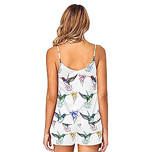 Colorful Hummingbirds with Flowers On White 2 PCs Women's Pajamas Set, Camisole Satin Silk Lingerie Sleepwear, Sleeveless Print Silky Shorts Loungewear Nightwear(L)