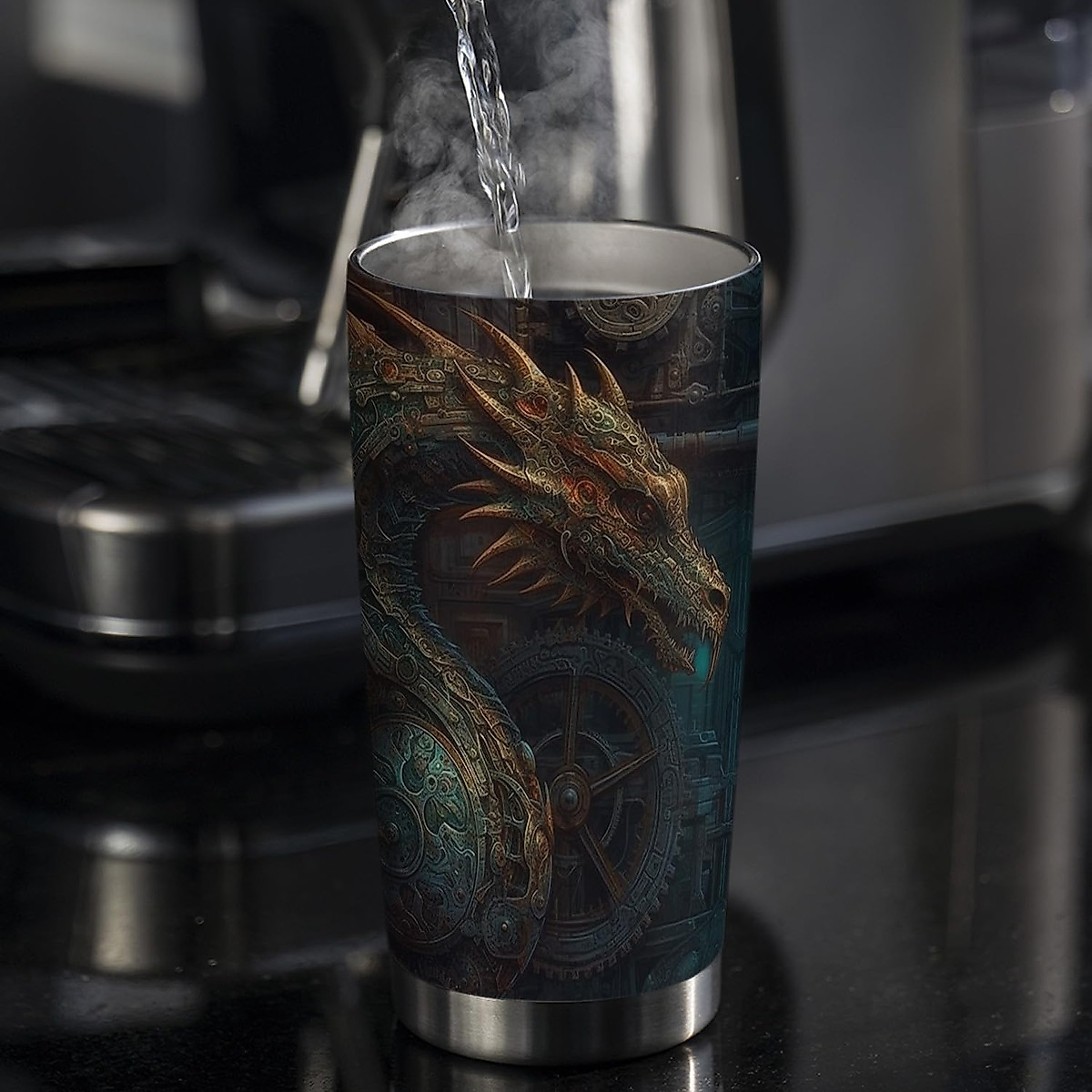 64HYDRO 20oz Steampunk Mechanical Engineer Clockwork Dragon Tumbler, Gaming, Gamer Gifts for Dragon Lovers, Stainless Steel Double Wall Vacuum Insulated Coffee Mug, Travel Cup with Lid