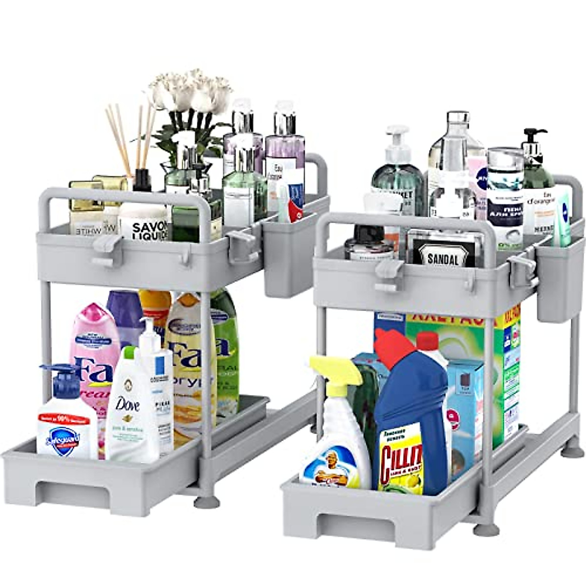 SOLEJAZZ 2-Tier Under Sink Organizer, Sliding Under Bathroom Cabinet Storage Drawer Organizer with Hooks, Hanging Cup, Dividers, Handles, Multi-purpose Under Sink Shelf Organizer, Gray, 2 Pack