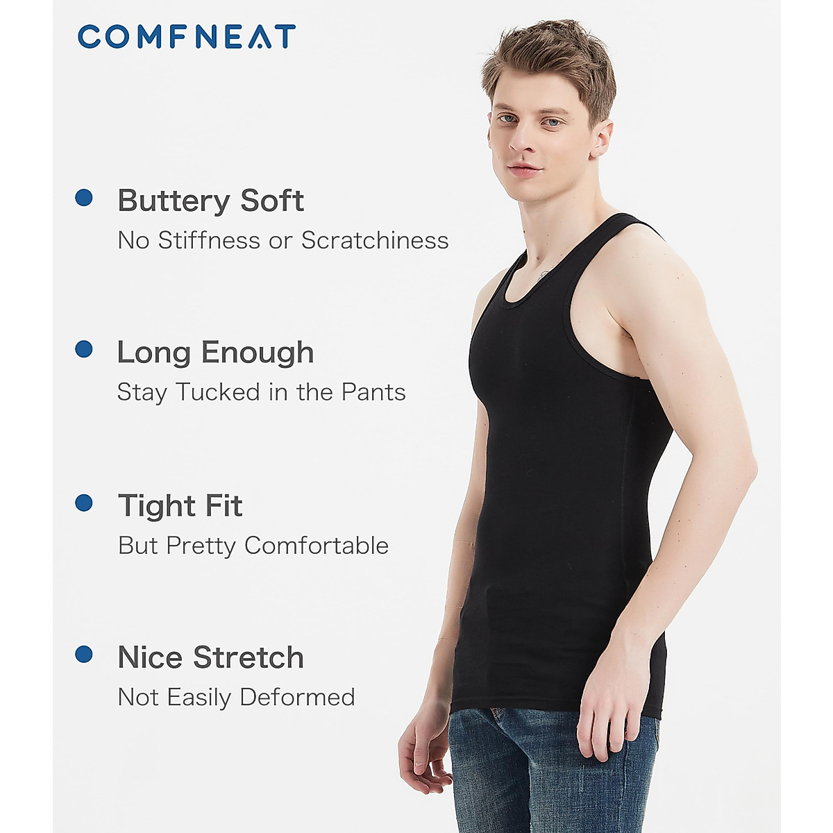 Comfneat Men's 6-Pack A-Shirts Tight Fit Tank Tops Cotton Spandex Undershirts (Black 6-Pack, S)