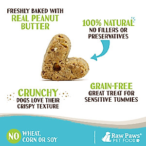 Raw Paws Grain-Free Biscuits for Dogs - Peanut Butter Recipe, 10-oz - Crunchy Dog Treats Made in USA - Corn, Wheat & Soy Free PB Dog Treats - Heart Shaped Puppy Biscuits - Peanut Butter Dog Biscuits