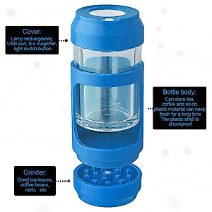 METSHOW Light-Up LED Transparent Seal Storage Jar，Magnifying Viewing Glass Airtight Jar with Grinder ，8 x Magnification Glass (Blue)