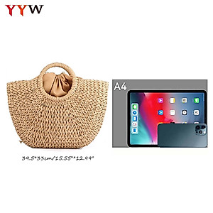 Straw Bags for Women, Hand-woven Straw Large Hobo Bag Round Handle Ring Toto Retro Summer Beach bag (Beige)