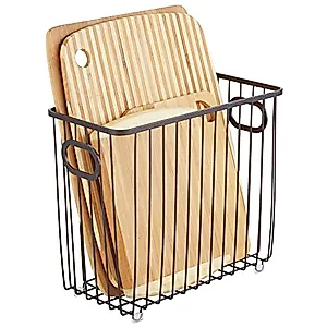 mDesign Metal Farmhouse Kitchen Pantry Food Storage Organizer Basket Bin - Wire Grid Design - for Cabinets, Cupboards, Shelves, Countertops - Holds Potatoes, Onions, Fruit - Medium - Bronze