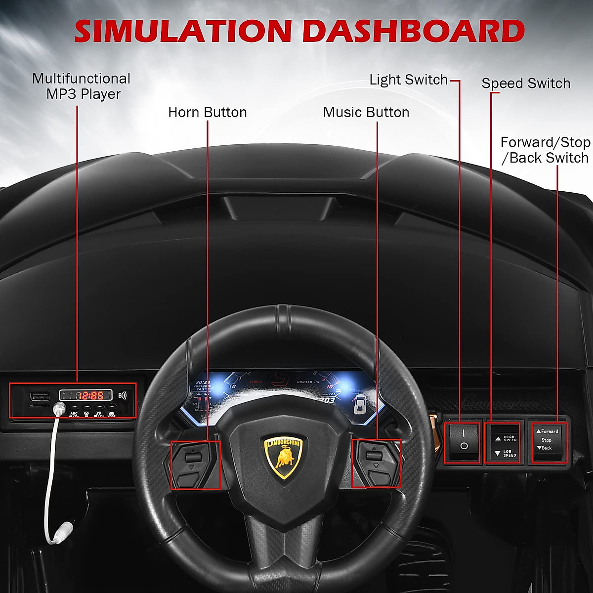INFANS 12V Licensed Lamborghini Sian Kids Ride On Car with Parent Remote Control, Spring Suspension, MP3 Player, Electric Toy Roadster Carbon Fiber Textured for Toddler (Black)