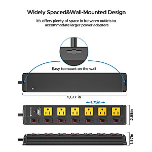 CRST 6 Outlet Heavy Duty Power Strip with Individual Switches, 15A/1875W Moutable Metal Power Strip Surge Protector with Circuit Breaker (1200 Joules), 6 FT 14AWG Extension Cord