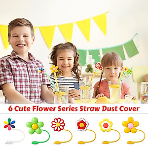 6 Pieces Straw Covers Cap Silicone Straw Tips Cover Straw Toppers for Reusable Straws Drinking Straw Lids Cute Dust-proof Straw Plug for 6-8 mm(1/4 Inch) Straw Travel Home Outdoor (Flower)