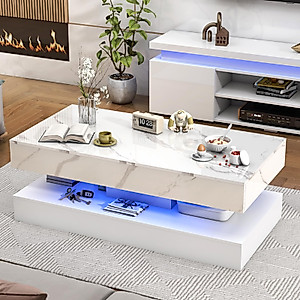 chartustriable 47inch Large High-Glossy LED Coffee Table with 2 Sliding Drawers, Living Room Storage Tables with Marbling Print, Modern Stylish Double-Layer Center Tables w/LED Lights, White