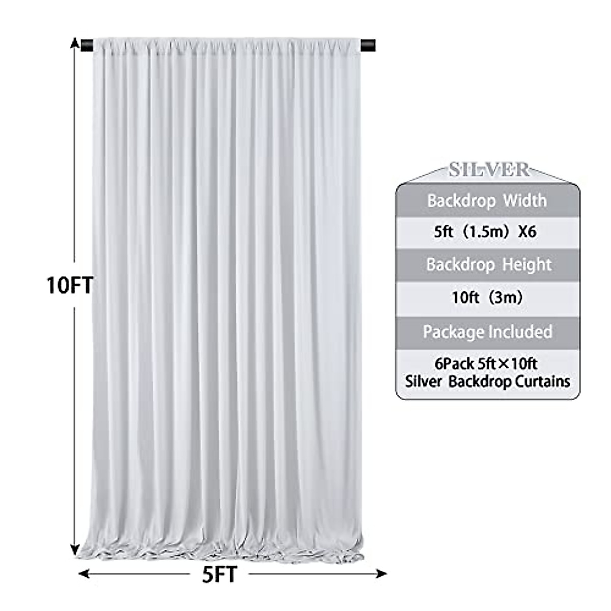 NSSONBEN Wrinkle Free 30ft×10ft Silver Grey Backdrop Curtain for Party Wedding 6 Panels 5ft×10ft Silver Grey Polyester Curtain for Backdrop Drapes Deco Birthday Baptism Photography Home