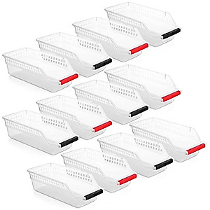 12 Pack - Multi-Purpose Shelf Baskets, Refrigerator Organizer Plastic Containers, Kitchen Pantry Cabinets Organization Bins, Clear