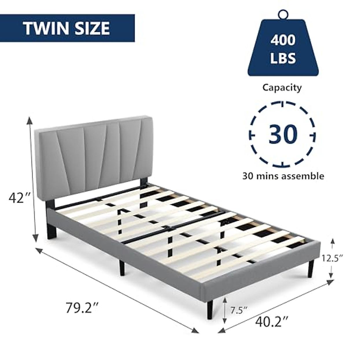 Molblly Twin Bed Frame Upholstered Platform with Headboard and Strong Wooden Slats, Strong Weight Capacity, Non-Slip and Noiseless,No Box Spring Needed, Easy Assembly,Light Grey Twin Bed
