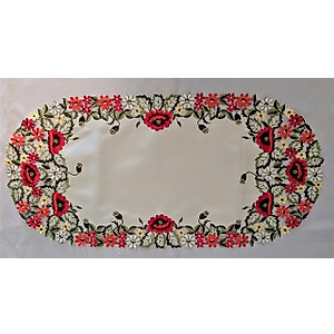 Doily Boutique Place Mat or Doily with Red Poppy Flowers on Antique White Fabric Size 27 x 13 inches