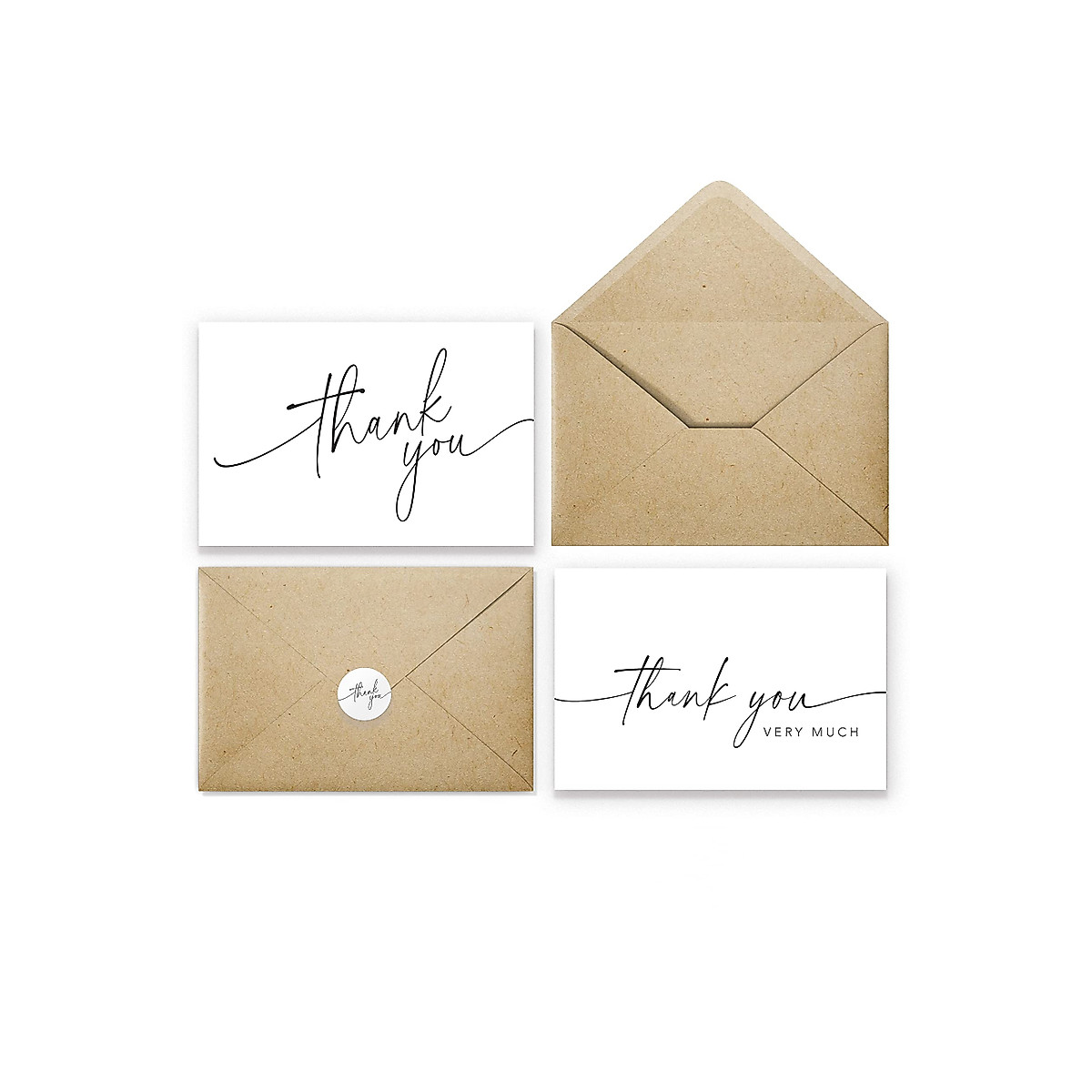 Thank You Cards with Kraft Envelopes and Matching Stickers, Bulk Pack of 100, 4x6 Inch Minimalistic Design | Suitable for Business, Baby Shower, Wedding, Small Business, Graduation, Bridal Shower, Funeral