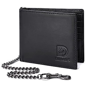 bill heart Chain Wallets for Men, RFID Blocking Genuine Leather Bifold Wallet with Sturdy Chain
