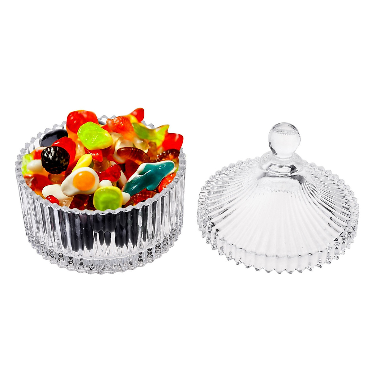 Beautyflier 5” Crystal Castle Candy Dish Stripe Snack Bowl Jar Fruit Container Jewelry Storage Case with Ball Handle Banquet Household Desktop Display Centerpiece