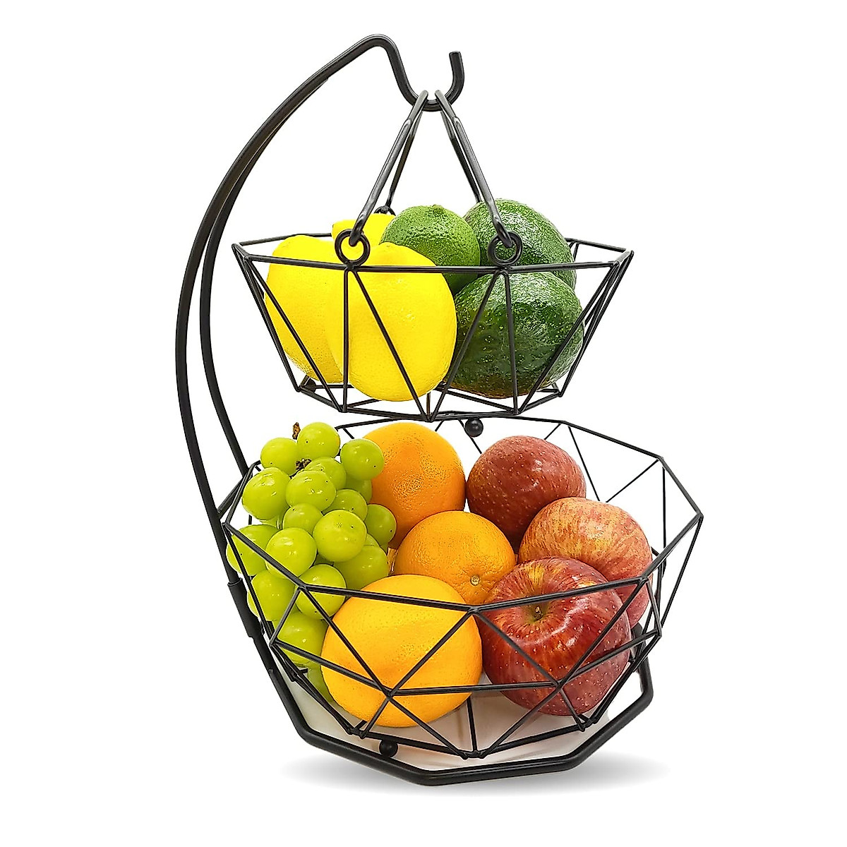 Simplil 2 Tier Vegetable and Fruit Basket With Banana Hanger, Countertop Detachable Bowls, Black