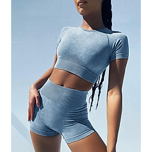 OLCHEE Womens Workout Sets 2 Piece - Seamless Acid Wash Yoga Outfits Leggings Shorts and Crop Top Matching Gym Activewear Athletic Clothing Set - Blue Small