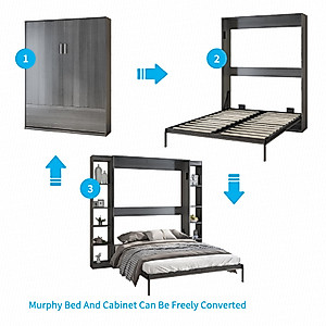 Mjkone Murphy Bed with 2 Side Cabinet, Folding Wall Bed for Bedroom, Fold Up Murphy Bed Cabinet, Queen Murphy Chest Bed Can Be Folded into a Cabinet, Storage Bed (Dark Grey, Style 1)