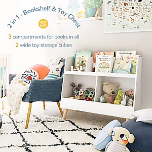 Curipeer Kids Bookshelf and Toy Organizer, 5 Cubbies Wooden Open Bookcase, 2-Tier Baby Storage Display with Legs, Free Standing Bookshelf for Playing Room, Bedroom, Nursery, Classroom, White