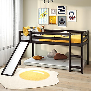 IFANNY Loft Bed with Slide, Solid Wood Low Loft Bed Twin Size with Storage and Ladder, Wooden Bedframe with Safety Guardrails, Twin Loft Bed for Kids Boys Girls Teens, No Box Spring Needed (Espresso)