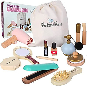 Montessori Mama Makeup and Salon Set - Wooden Pretend Play Beauty Play Makeup Kit with Styling Tools and Cosmetics - Pretend Makeup for Toddlers for 4 Year Old Girl