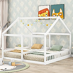 LostCat Wooden Kids Double Bed Frame, Two Shared Beds with Roof, 2 Twin Size House Platform Beds, House Platform Beds with Fence, Montessori Bed for Two Kids Teens Boys Girls, White