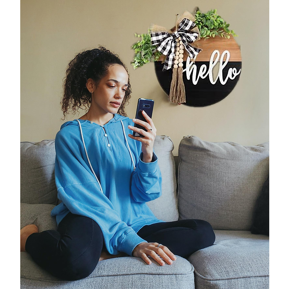 Hello Home Sign for Front Door, Farmhouse Front Porch Hello Door Sign Decorations Wood Wreaths for Holiday Halloween Christmas, Hanging Door Decor Spring Summer Fall Winter Indoor Outdoor