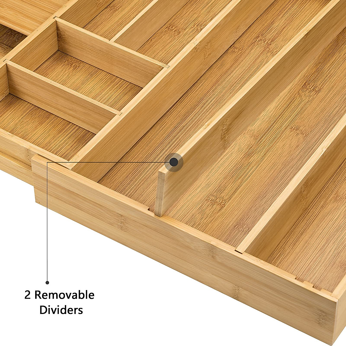 Oyydecor Bamboo Kitchen Drawer Organizer-Expandable Silverware Organizer for Utensil Holder, Cutlery Tray with 2 Removable Drawer Dividers, Adjustable for Kitchen Utensils and Flatware Organizer