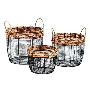 Trademark Innovations Oval Wire Tall Garden Home Décor Baskets with Wicker and Handles - Set of 3