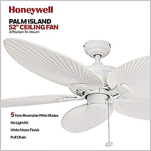 Honeywell Ceiling Fans Palm Island Tropical 52 Inch Ceiling Fan, Outdoor Ceiling Fan with Pull Chain, Tri-Mount 5 Palm Leaf Blade Design, ETL Wet Rated, White (50200-01)