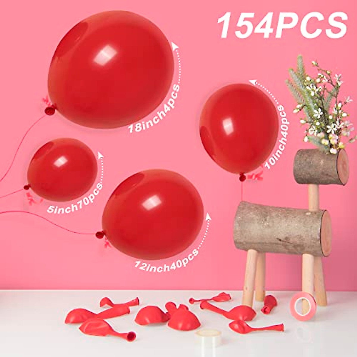 Henviro Red Latex Party Balloons - 154 Pcs 5/10/12/18 Inch Balloons Helium Quality Latex Balloons As Birthday Party Balloons/ Graduation Balloons/ Valentines Day Balloons/ Baby Shower/ Wedding