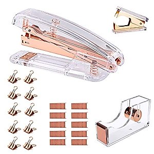 Rose Gold Desk Accessory Kit - Set of Acrylic Desktop Stapler, Staple Remover, Tape Dispenser, Staples and 10 Pieces Blinder Clips for Home School Office Supplies Stationery Desk Supplies