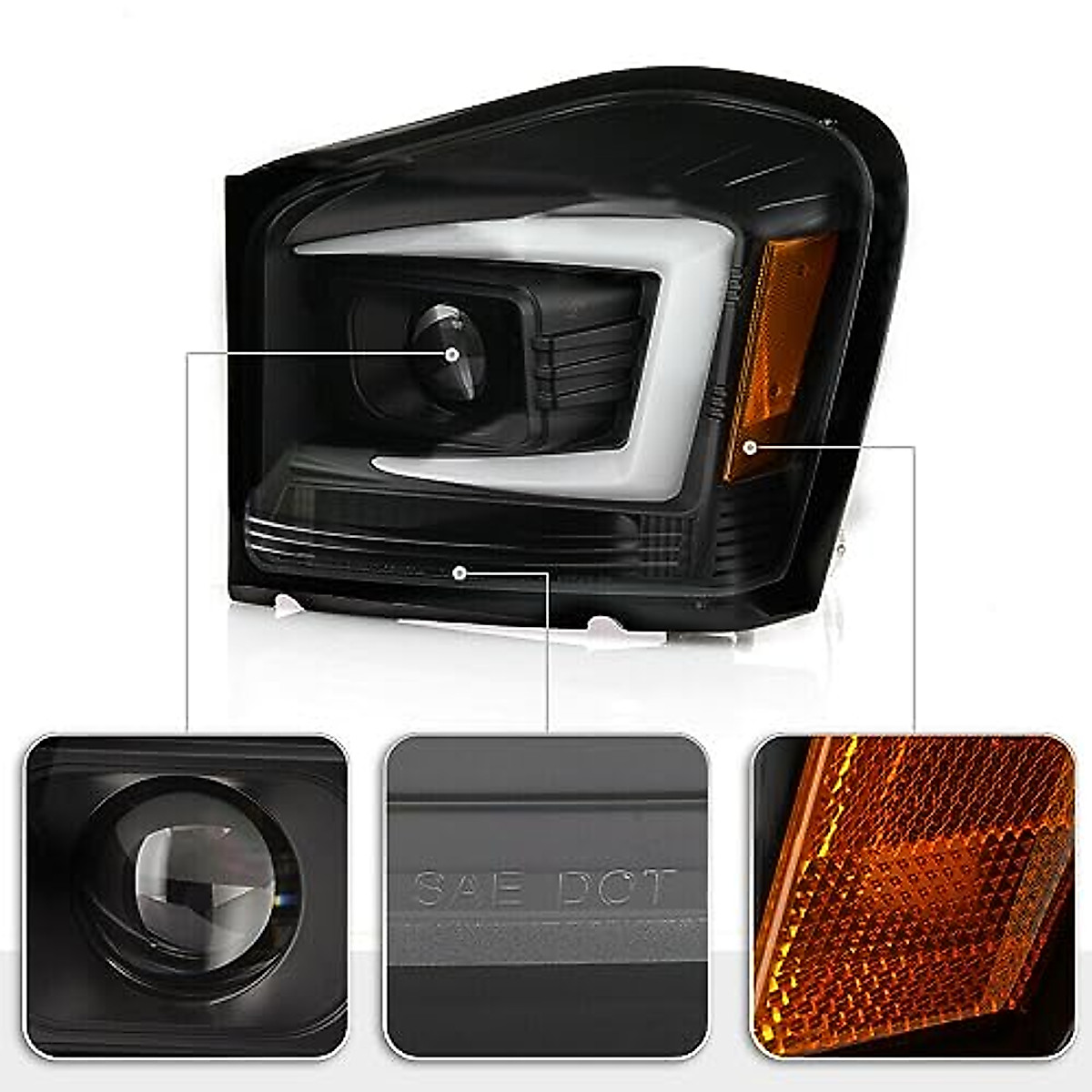 HH Building Headlight U-Bar Front Left Right Side Clear Lens Black Housing LED Tube -Shape Drl Projector Lamp B0504A_2004_2005_2006_04_05_06_C27 55077721AD 444-DDU04-LB-BK