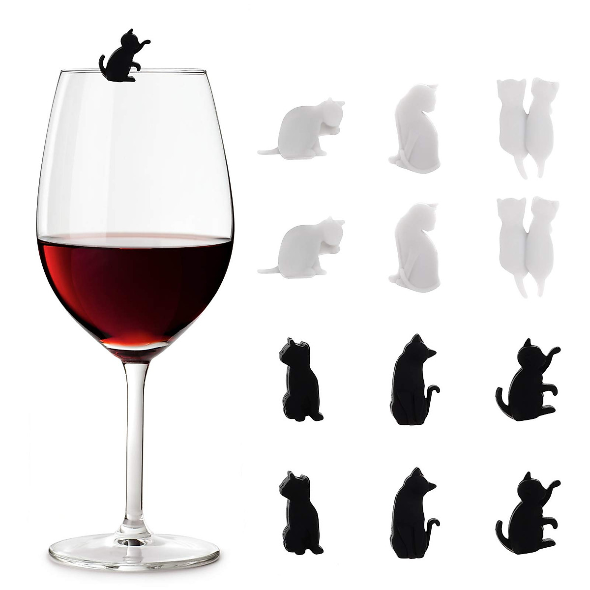 TENDYCOCO Wine Glass Markers Silicone Cat Drink Cup Identification Charms for Wedding Party Bar Club Glass Cup Sign 12pcs (Mixed Color)