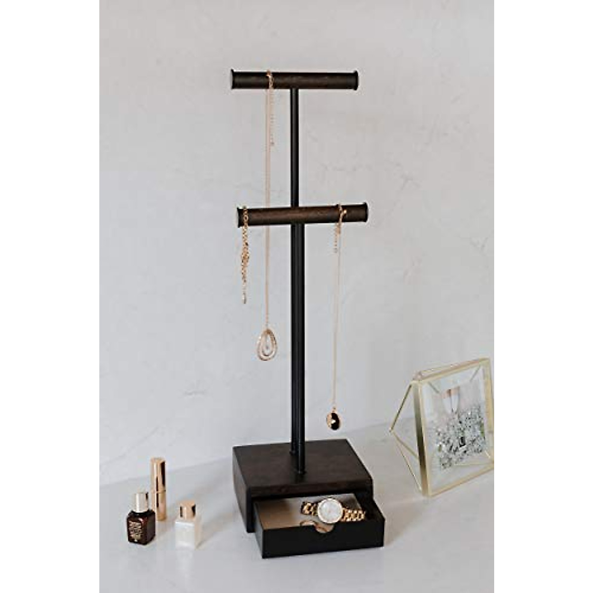 Umbra Pillar Jewelry Stand/Jewelry Organizer Walnut and Black Metal Jewelry Stand With Drawer, 6" Length x 5" Width x 21" Height