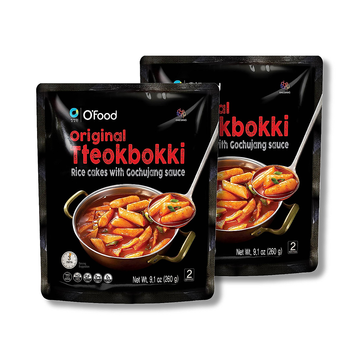 O'Food Original Tteokbokki, Gluten-Free Korean Rice Cakes, Authentic Spicy Korean Street Food Snack, Perfect with Cheese and Ramen Noodles, Ready to Eat, No MSG, No Corn Syrup, Pack of 2