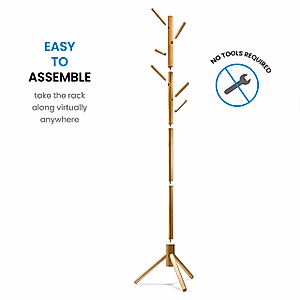 ZOBER Coat Rack Free Standing - Wooden Coat Tree W/ 6 Hooks - Coats, Purses, Hats - Adjustable Sizes, Easy Assembly - Natural